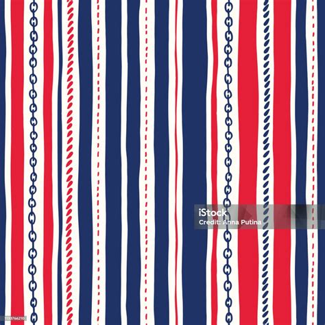 손으로 그린 밧줄과 체인 고르지 수직 줄무늬 줄무늬 벡터 원활한 패턴입니다 빨간색 흰색과 파란색 해양 배경 밧줄에 대한 스톡