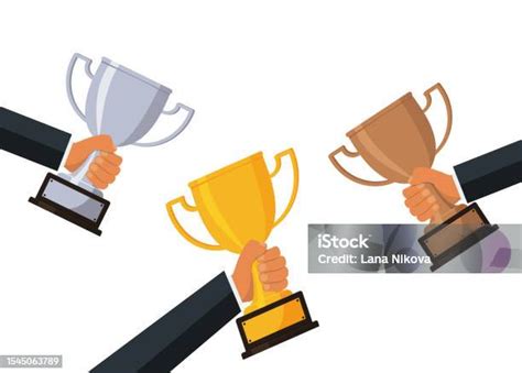 우승자를 위한 트로피 금메달 은메달 동메달 위너스 컵을 들고 있는 손 플랫 스타일의 파란색 배경에 벡터 그림 아이콘에 대한 스톡 벡터 아트 및 기타 이미지 Istock