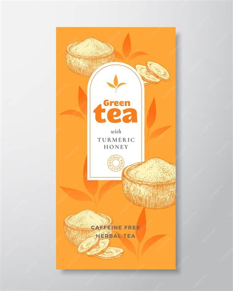 과일 및 베리 차 라벨 템플릿 현실적인 그림자가 있는 추상 벡터 포장 디자인 레이아웃 손으로 그린 심황 강황 가루 그릇과 찻잎
