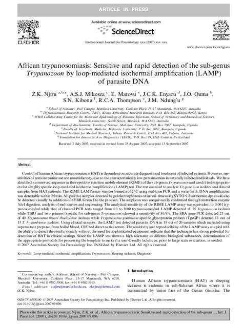 Pdf African Trypanosomiasis Sensitive And Rapid Detection Of The Sub