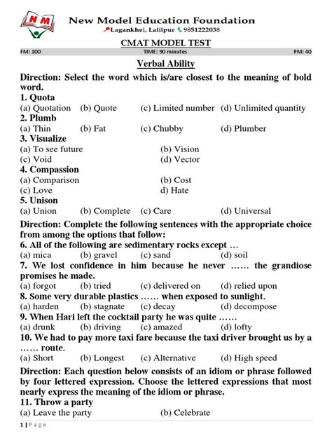 Cmat Model Questions 2020 Bachelors Pdf Science Mathematics