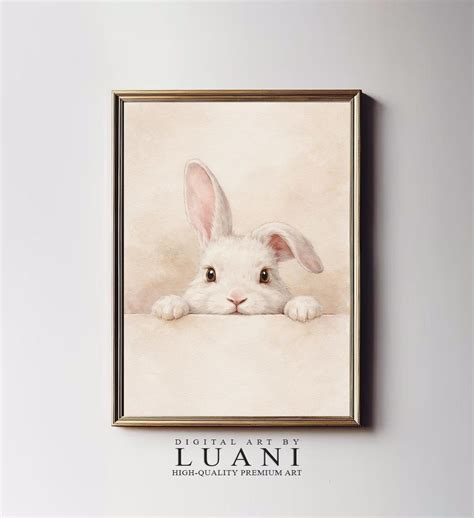 Vintage Bunny Rabbit Wall Art Print Soft Neutral Nursery Decor