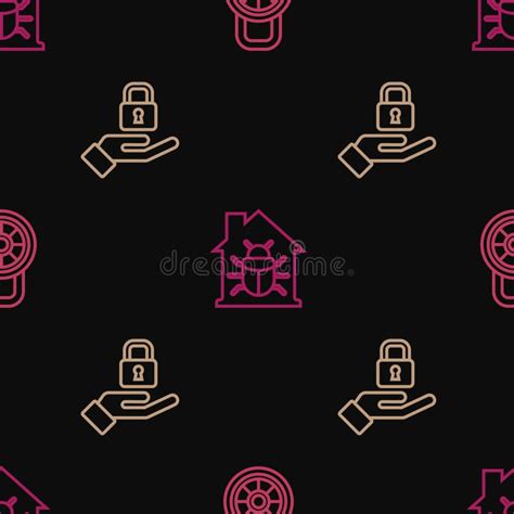 Set Line Safe Combination Lock Lock Hand And House System Bug On Seamless Pattern Vector Stock