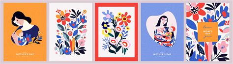 어머니의 날 카드 세트 트렌디한 포스터 또는 꽃 추상적인 꽃 무늬 미드 센추리 모던 아트 스타일의 어린이 삽화가 있는 어머니 봄 여름 밝은 추상 템플릿 꽃 식물에 대한 스톡