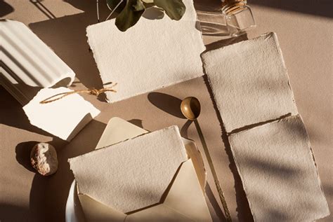 빈 흰색 결혼식 인사말 초대 카드 공예 봉투와 모형 질감 테이블 Backgound에 말린 유칼립투스 잎 브랜딩 Id를위한 우아한 현대 템플릿 플랫 레이 상단 보기 플랫