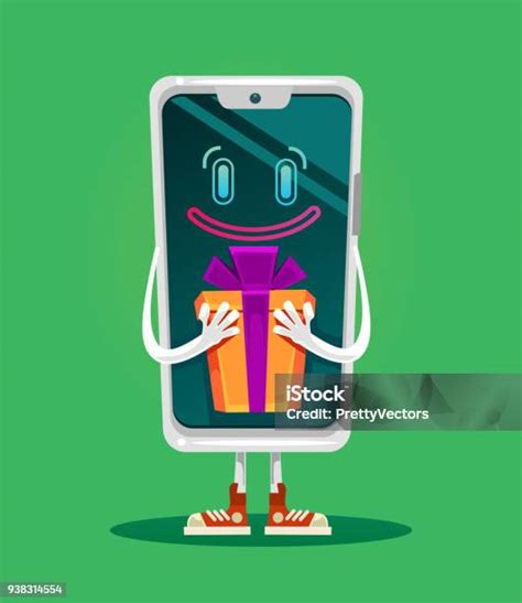 즐거운 스마트폰 문자 마스코트 현재 구매 선물 상자를 들고 웃 고 온라인 인터넷 웹 승리 생일에 대한 스톡 벡터 아트 및 기타