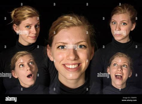 Young Woman Has Several Portraits In One Frame With A Multiple Exposure
