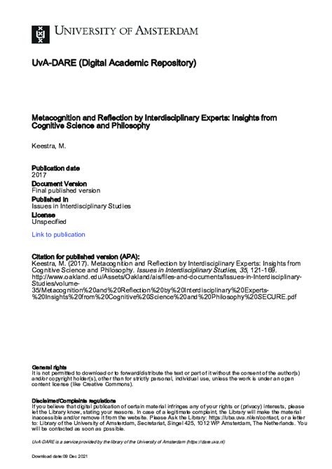 Pdf Metacognition And Reflection By Interdisciplinary Experts Insights From Cognitive Science