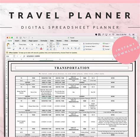 Digital Travel Planner Pink Vacation Spreadsheet Excel Etsy Travel