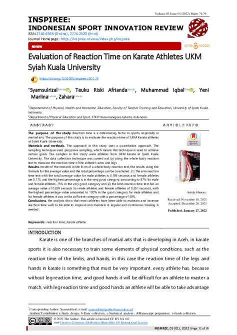 Pdf Evaluation Of Reaction Time On Karate Athletes Ukm Syiah Kuala