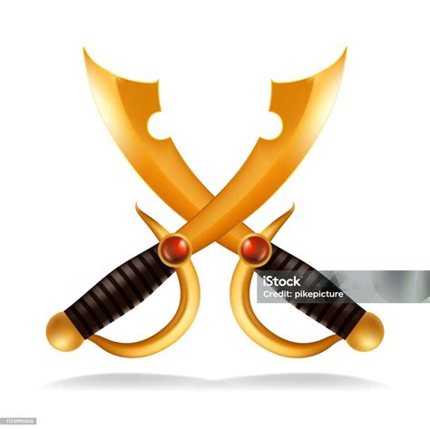 골드 교차 칼 세이버 벡터 황금 빛나는 무기입니다 전원 안전 보호 기호입니다 고립 된 현실적인 그림 가죽에 대한 스톡 벡터 아트