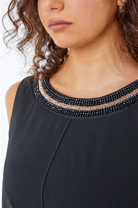 Petite Embellished Neck Chiffon Dress In Black Petite Uk