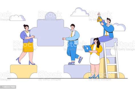 팀워크 협력 파트너십 개념 퍼즐 요소를 연결하는 사업가들 개요 디자인 스타일 랜딩 페이지 웹 배너 인포그래픽 영웅 이미지를 위한 최소 벡터 일러스트레이션 개념에 대한 스톡