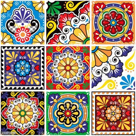 멕시코 탈라베라 스타일 타일 벡터 원활한 패턴 컬렉션 꽃이있는 장식용 타일 멕시코의 민속 예술에서 영감을 얻은 활기찬 색상의 소용돌이 0명에 대한 스톡 벡터 아트 및 기타