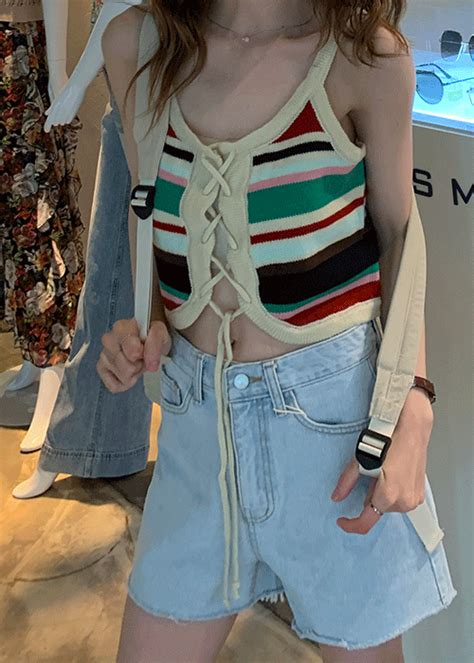 레인보우 니트 크롭 나시 에이블리