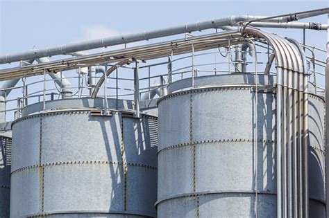 농업 사일로입니다 건물 외관입니다 저장 및 곡물 밀 옥수수 콩 흰 구름과 푸른 하늘에 대 한 해바라기의 건조 강철에 대한 스톡