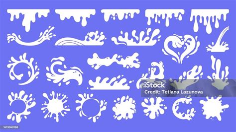 만화 우유 얼룩 떨어지는 우유 방울 모양 요구르트 액체 얼룩과 스플래쉬의 식료품 로고 다양한 모양의 둥근 스패터 벡터 화이트