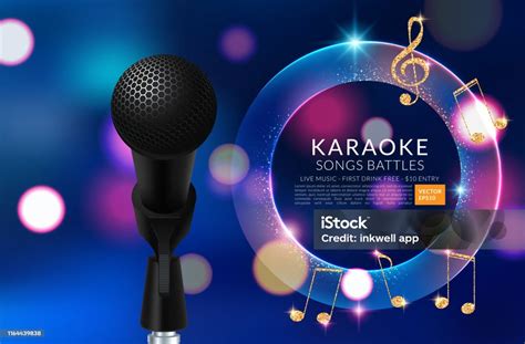 예술 배경에 마이크와 비문 가라오케 파티와 벡터 배너 벡터 일러스트레이션 노래방기계에 대한 스톡 벡터 아트 및 기타 이미지