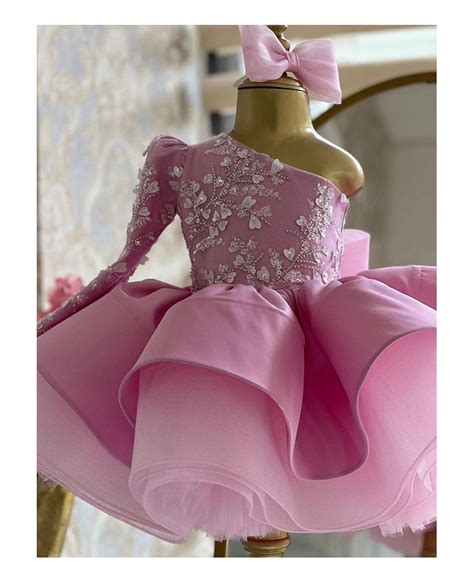 Ruffled Pink Puffy Girls Party Dress With One Sleeve Tb4012