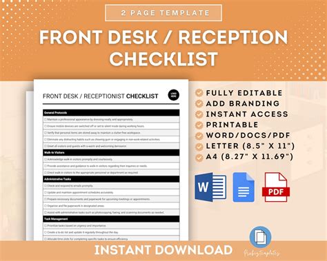 Front Desk Receptionist Checklist Reception Responsibilities Receptionist Daily Checklist