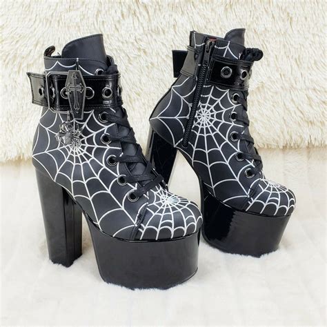 Torment 51 Black Chunky Heel Platform Goth Punk Ankle Boots Coffin Web