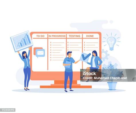 작업 흐름 조직 사무 및 시간 관리 팀웍 커뮤니케이션 프로세스 민첩한 프로젝트 관리 플랫 벡터 현대 일러스트레이션 스크럼에 대한