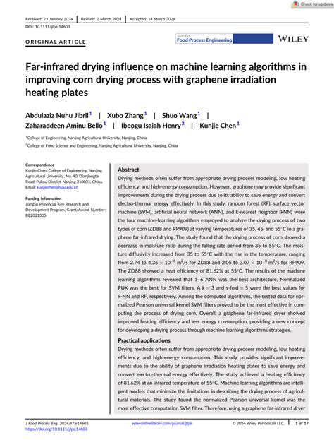 Pdf Far‐infrared Drying Influence On Machine Learning Algorithms In Improving Corn Drying
