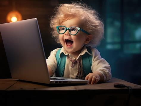 Premium AI Image Funny Happy Smiling Baby As Programmer