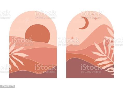 자연 소박한 색조 테라코타 베이지색으로 미학적이고 미니멀한 중반 세기 스타일로 태양과 달이 있는 석양의 아치형 산악 경관 추상적 인 추세 선 아트 보보스에 대한 스톡 벡터