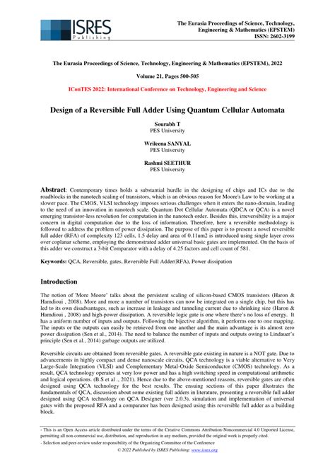 Pdf Design Of A Reversible Full Adder Using Quantum Cellular Automata