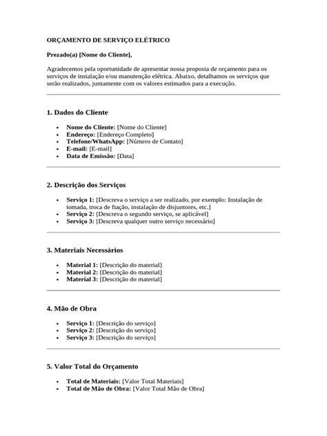 Orçamento De Serviço Elétrico Residencial Pdf