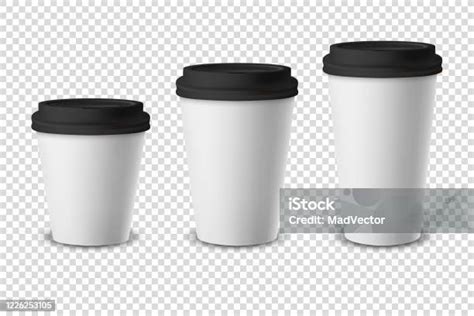 벡터 3d 흰색 현실적인 일회용 폐쇄 종이 투명 한 배경에 격리 된 검은 뚜껑 설정 닫힘 음료에 대 한 플라스틱 커피 컵 디자인 템플릿 모형 정면 보기 3차원 형태에 대한