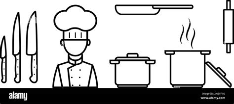 Chef Icon Set Collection Of Cooking Kitchen Utensils Outline Style