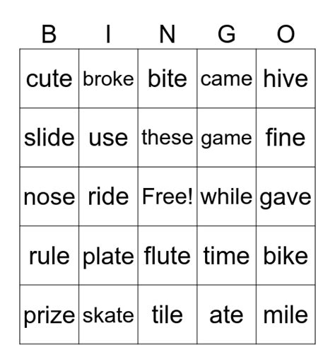 Magic E Bingo Card