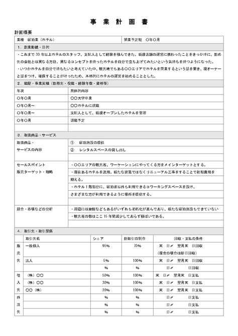 ホテルの事業計画書・創業計画書のテンプレート・作成例 マネーフォワード クラウド会社設立