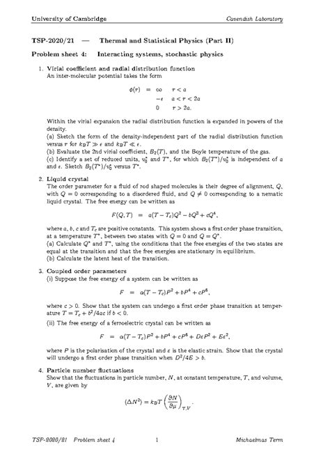 TSP Problem Sheet 4 University Of Cambridge Cavendish Laboratory TSP 2020 21 Thermal And