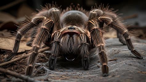 A Close Up Macro Photograph Of A Large Hairy Brown Tarantula Spider On