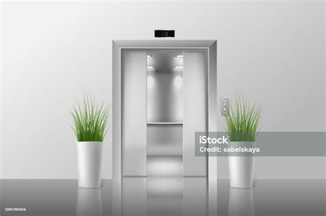 금속 크롬 엘리베이터의 반 열린 문 현실적인 벡터 3d 일러스트 호텔 리셉션에 대한 스톡 벡터 아트 및 기타 이미지 호텔 리셉션 엘리베이터 문 Istock