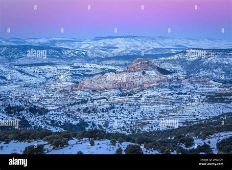 Morella Medieval City In A Winter Sunrise After A Snowfall Castellón