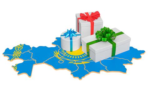 카자흐어지도에 선물 상자 카자흐스탄 개념의 크리스마스와 새해 휴일 흰색 배경에서 격리된 3d 렌더링 3차원 형태에 대한 스톡