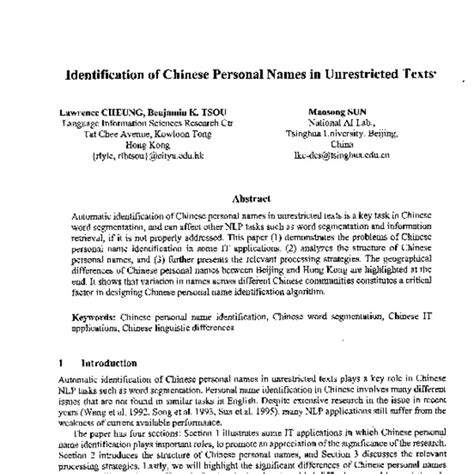 Identification Of Chinese Personal Names In Unrestricted Texts Acl Anthology