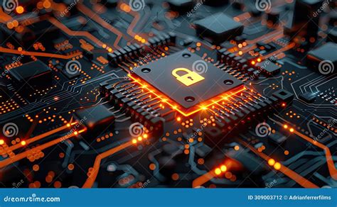 A Glowing Cybersecurity Lock On A Circuit Board Stock Illustration