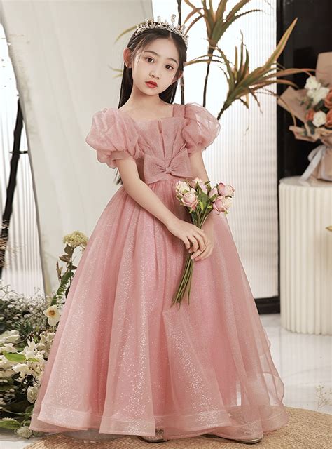 In Stockship In 48 Hours Pink Sequins Puff Sleeve Flower Girl Dress