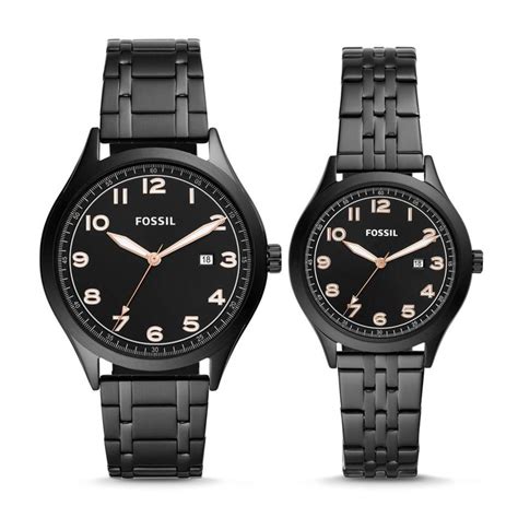 Fossil His And Her Wylie Three Hand Black Stainless Steel Watch Box Set
