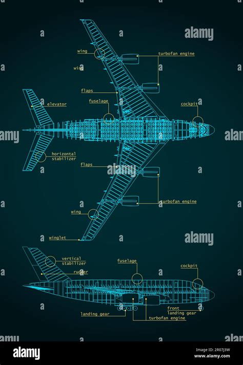 Stylized Vector Illustration Of Blueprints Of Large Passenger Plane