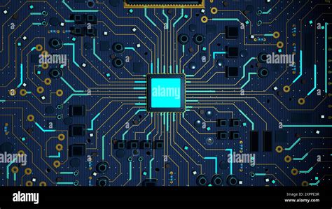 Top View Of Complex Motherboard With Microchip In The Center With Blue