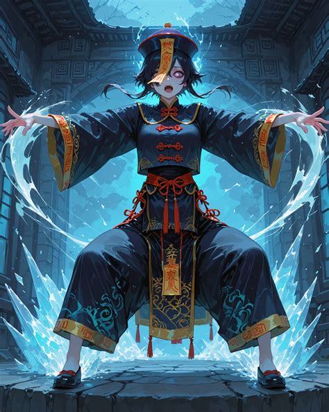 Wearing A Jiangshi Costume Chinese Style Mausoleum Pose With Arms
