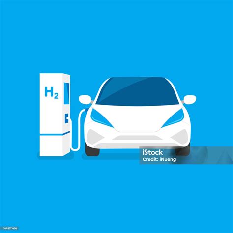 수소 자동차와 에너지 리필 개념 수소 소스에 연결된 H2 스테이션의 파란색 자동차 벡터 일러스트 레이 션 수소 천연가스에 대한