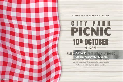 피크닉 수평 배경입니다 벡터 포스터 흰색 나무 테이블에 현실적인 빨간 깅엄 테이블 보와 배너 템플릿 돗자리에 대한 스톡 벡터