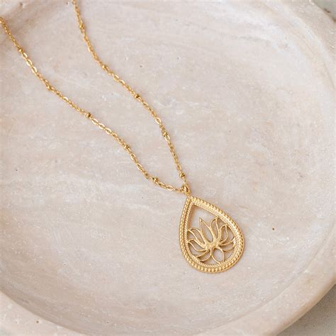 Lotus Pendant Necklace 22k Gold Plated Stainless Steel Symbol Of